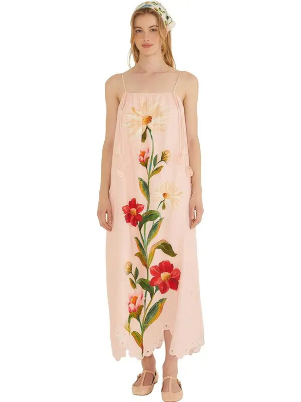 Farm Rio Bromelia Dress With Floral Print And Scalloped Hem - Edens Bloom Light Pink