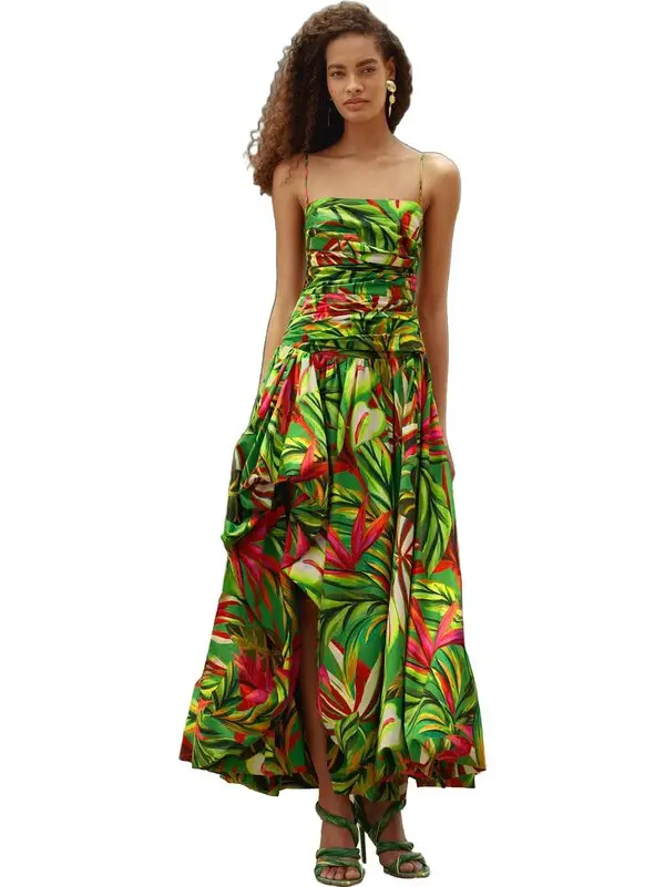 Farm Rio Green Tropical Print Organic Cotton Maxi Dress - Orange