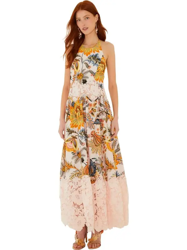 Farm Rio Floral Lace Halterneck Maxi Dress - Ligia Floral Light Pink