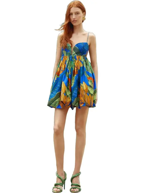 Farm Rio Sleeveless Organic Cotton Mini Dress - Banana Grapes Blue