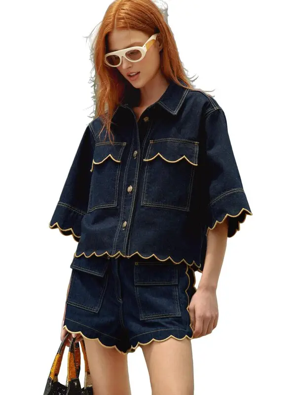 Farm Rio Dark Wavy Hem Short Sleeve Shirt - Denim