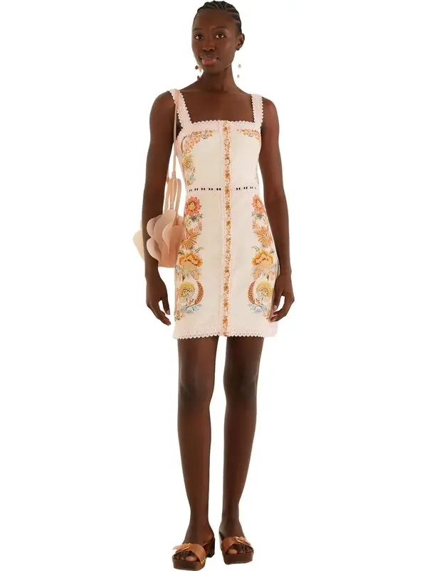 Farm Rio Light Pink Ligia Lace Buttoned Premium Linen Mini Dress - Ligia Floral Light Pink