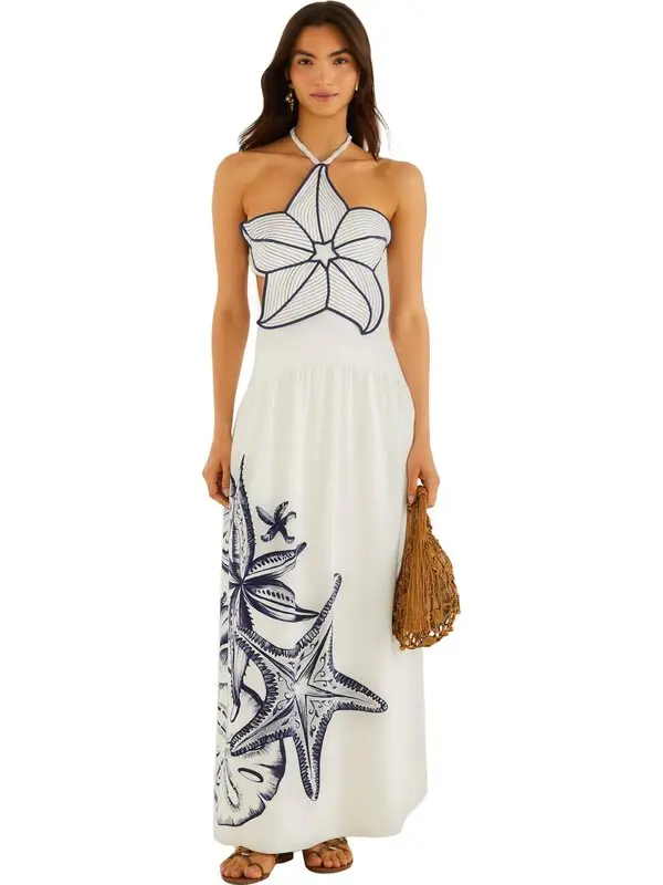 Farm Rio Off-white Coast Stars Maxi Dress With Embroidered Bodice - Coast Stars Off-white