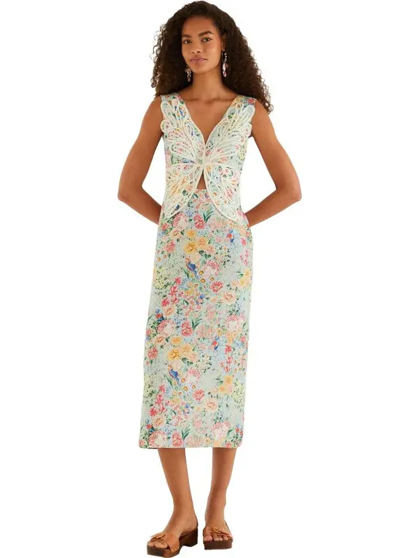Farm Rio Multicolor Rendeira 3d Bodice Euroflax™ Premium Linen Midi Dress - Rendeira Multicolor