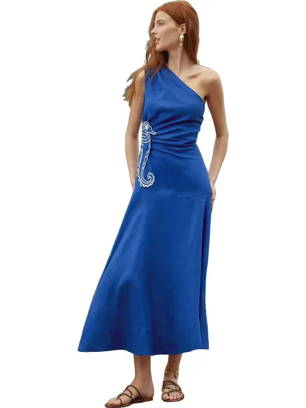Farm Rio Seahorse Embroidery One-shoulder Euroflax™ Premium Linen Maxi Dress - Blue