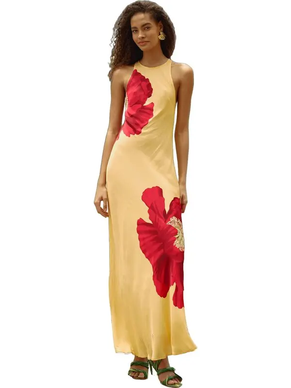 Farm Rio Sleeveless Maxi Dress With Poppy Print - Poppy Flowers Light Yellow
