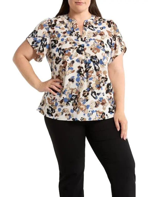 Anne Klein Printed Tulip Sleeve Top - White Dove Multi
