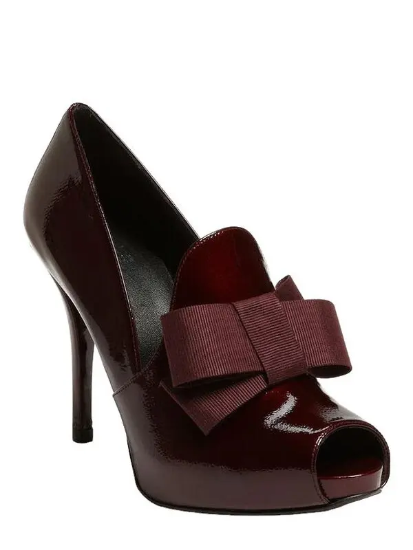 STUART WEITZMAN Patent Leather Bow Detail Peep-toe Pumps - Wine Pebble Patent