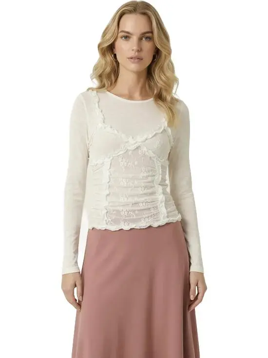 MODENAIRE Long Sleeve Layered Lace Top - Ivory