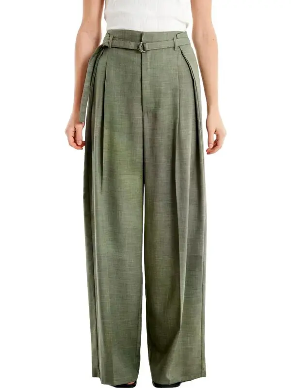 VICOLO Belted Pleated Wide Leg Trousers - Green