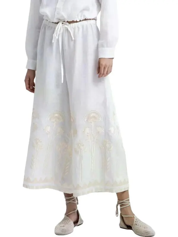 Greek Archaic Kori Embroidered Drawstring-waist Trousers - Neutrals