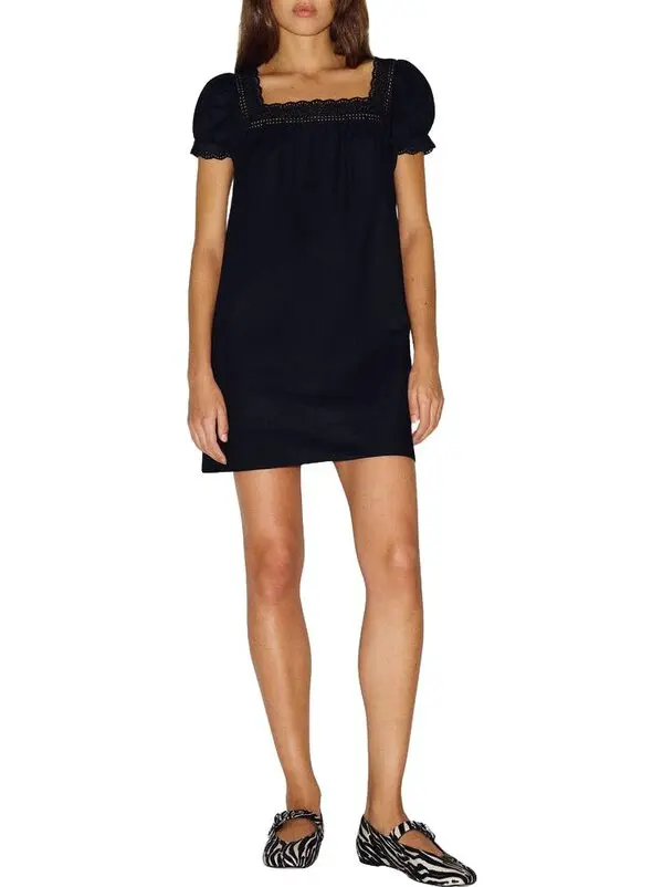 REFORMATION Joliette Eyelet Trim Puff Sleeve Mini Dress - Black