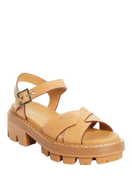 Prada Criss-cross Platform Sandals With Lug Sole - Naturale