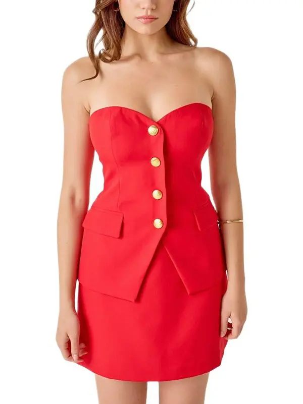 MARSY Strapless Sweetheart Neckline Top With Golden Buttons - Red
