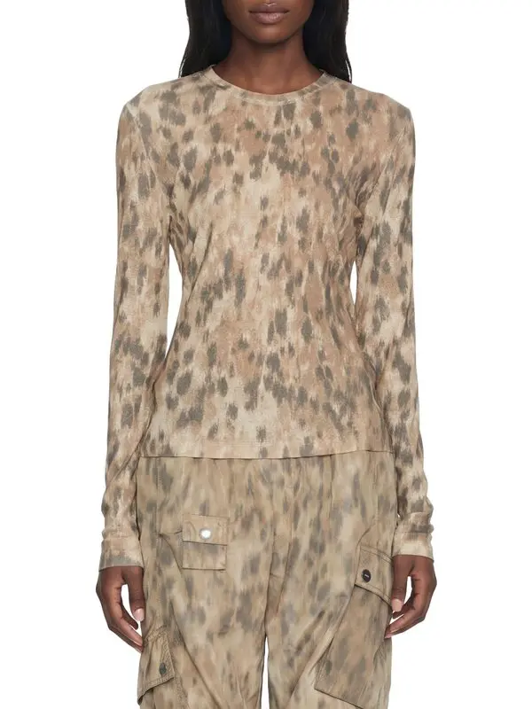 GANNI Long Sleeve Printed Top - Beige