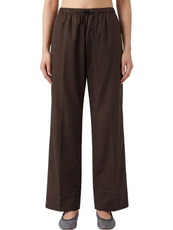 YVES SALOMON Wide Leg Cotton Trousers With Elasticated Drawstring Waist - Brown