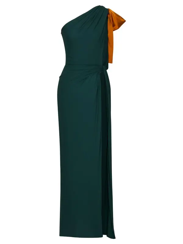 Saint Laurent One-shoulder Silk Crepe Muslin Dress With Satin Bow - Emeraude