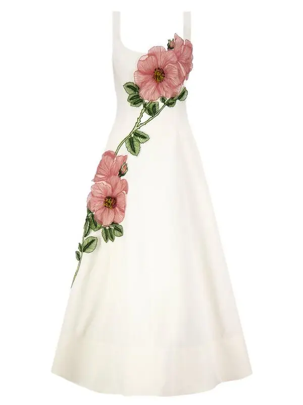 Lela Rose Embroidered Peony Stretch Cotton Dress - Red