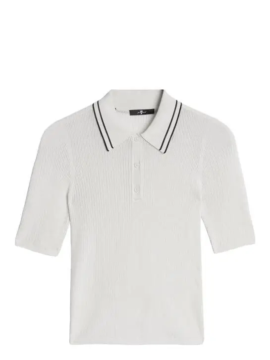 7 For All Mankind Ribbed Knit Polo With Contrast Tipped Collar - White