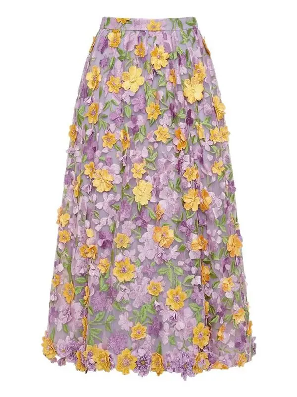 PatBO Floral Appliqué Tulle Midi Skirt - Purple