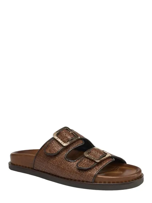 GRACE FOOTWEAR Kimolos Woven Slide Sandal With Gold Tone Buckles - Brown
