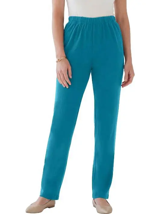 Roaman's Soft Knit Relaxed Straight Leg Pull-on Pants - Deep Teal