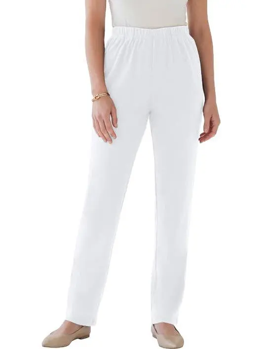 Roaman's Soft Knit Relaxed Straight Leg Pull-on Pants - White