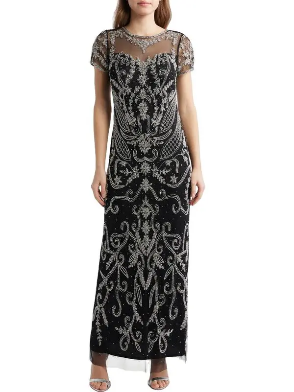 Pisarro Nights Embellished Mesh Column Gown - Black/silver