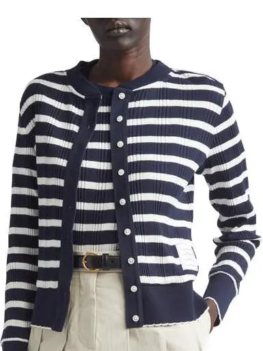 Thom Browne Striped Cotton Rib Cardigan - Navy/white