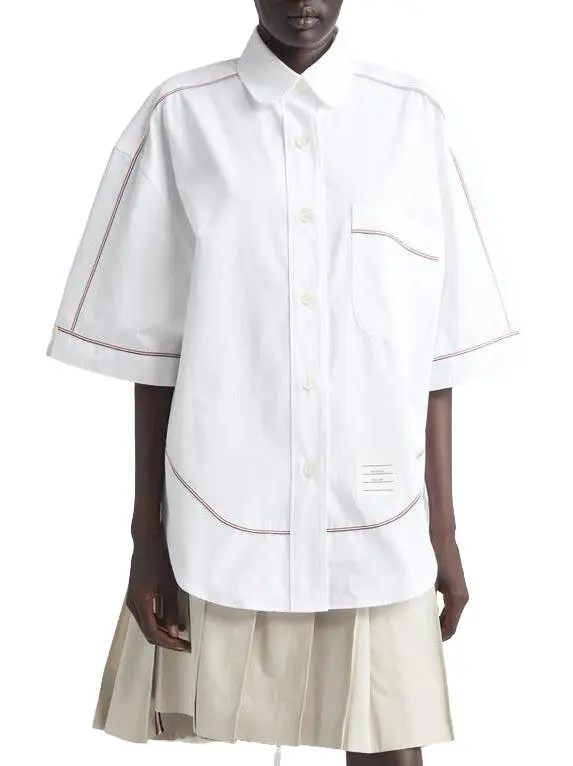 Thom Browne Supersize Tricolor Trim Short Sleeve Button-up Shirt - White
