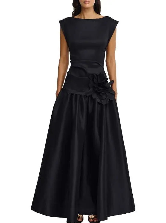 Acler Delph Ruched Floral Appliqué Satin Drop Waist Gown - Black