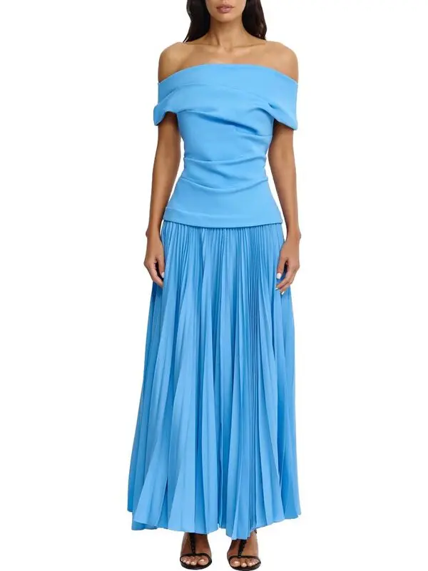Acler Off-the-shoulder Gown With Gathered Bodice And Pleated Skirt - Alt Blue