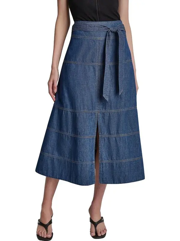 Dkny Crosby Denim Midi Skirt With Belted Waist - Crosby Wash