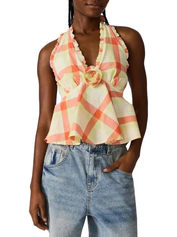 Steve Madden Tania Halter Top With Rosette Appliqu - Plaid