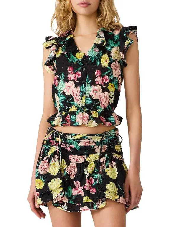 Steve Madden Mayra Floral Eyelet Ruffled Top - Black Ditsy Floral