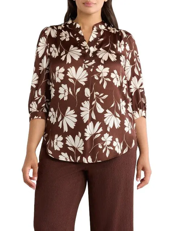Anne Klein Floral Split Neck 3/4 Sleeve Top - Dark Chocolate/white