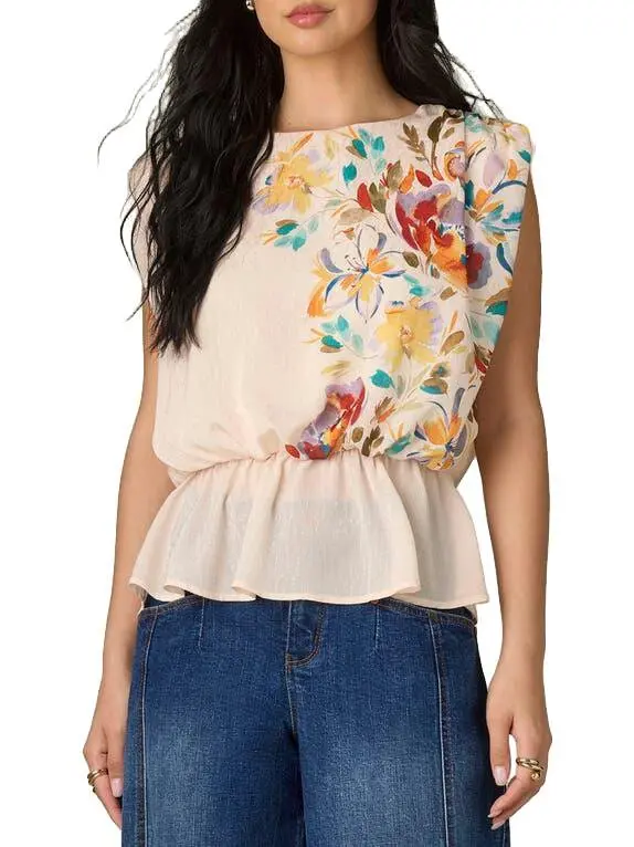 Wit & Wisdom Watercolor Floral Print Peplum Top - Pearl Dust Multi
