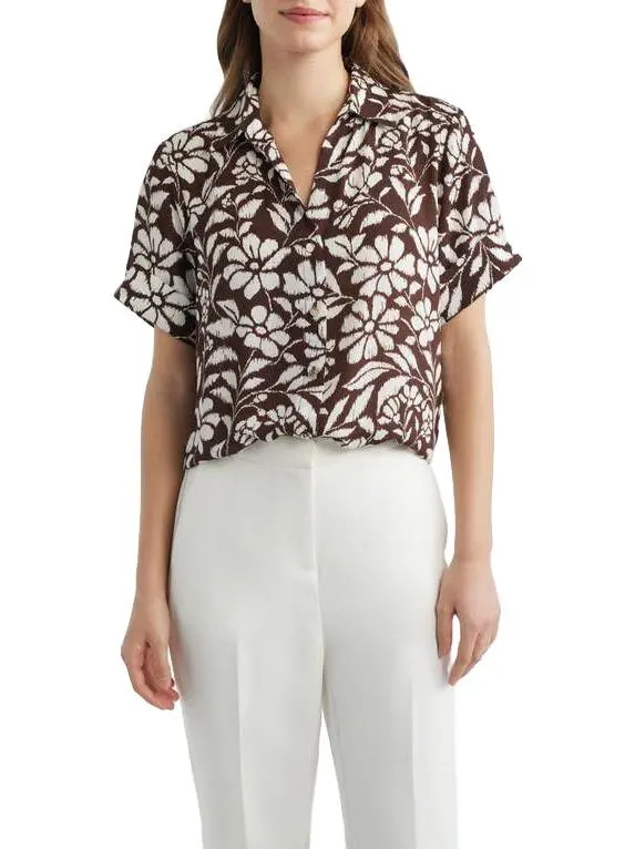 Anne Klein Floral Print Short Sleeve Shirt - Dark Chocolate/white