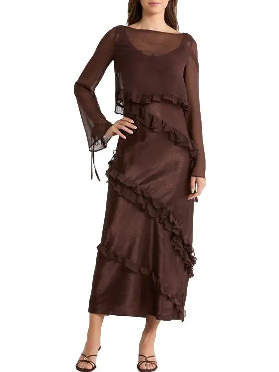 DAMSON MADDER Carmen Ruffle Satin Midi Dress - Chocolate