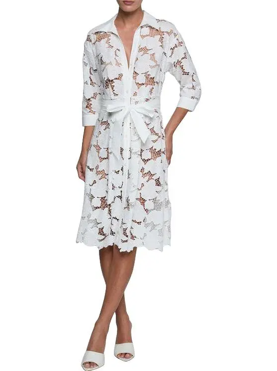 L'Agence Lace Midi Shirt Dress With Tie Waist - Ivory