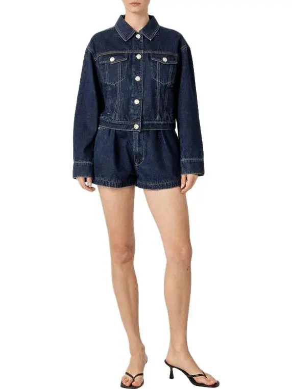 English Factory High Waist Pleated Denim Shorts - Navy