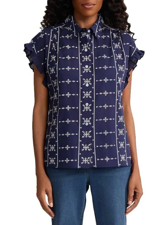 Jones New York Embroidered Shirt With Frill Sleeves - Pacific Navy/natural White