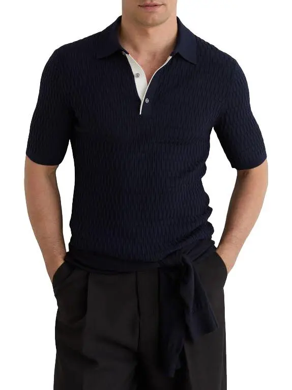 REISS Era Basket Weave Knit Polo Sweater - Navy