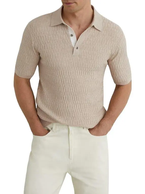 REISS Era Basket Weave Knit Polo Sweater - Oatmeal Brown