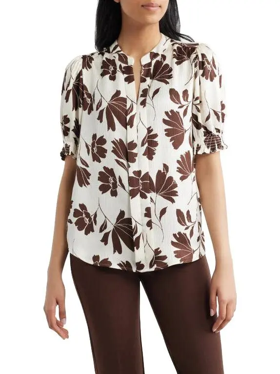 Anne Klein Shirred Short Sleeve Button-up Shirt - White/dark Chocolate