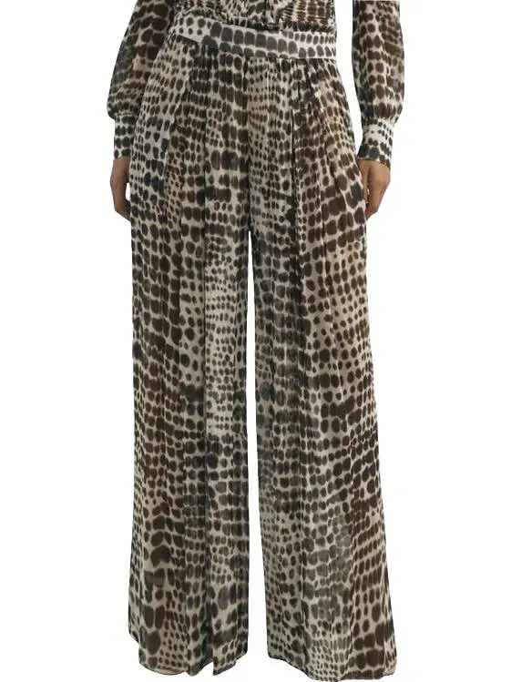 REISS Aurelie Animal Print Wide Leg Pants - Chocolate