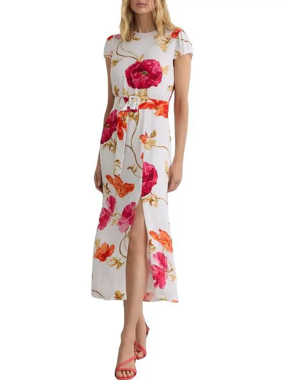 REISS Lyra Floral Print Belted Maxi Dress - Ivory/pink