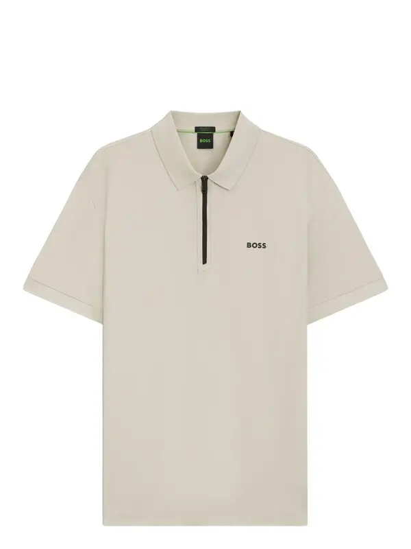 BOSS Zipper-neck Polo Shirt In Cotton-blend Jersey - Light Beige