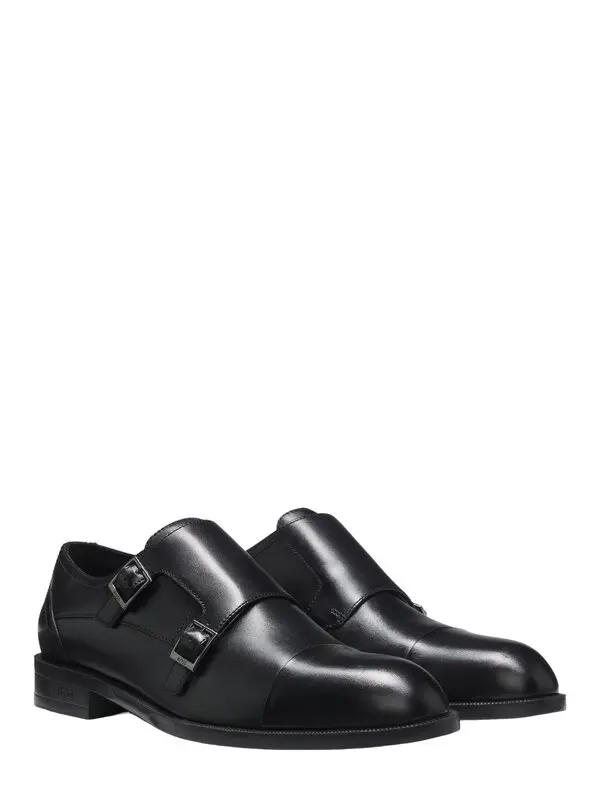 BOSS Leather Double Strap Monk Shoes - Black