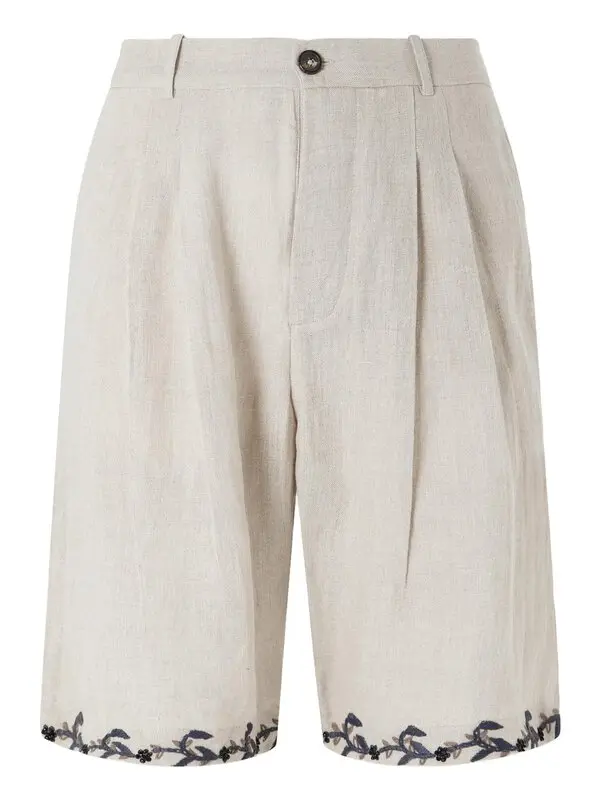KARTIK RESEARCH Pleated Embroidered Linen Shorts - Neutrals